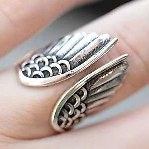 Bulky Rings Jewelry Acrylic Rings for Women Adjustable Stainless Steel Ring Feather Angel Thumb Ring for Women Gold Om Rings for Women (Silver, One Size)