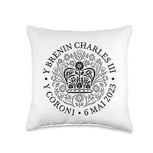 Kings Coronation 2023 Merchandise Brenin Y Coroni British King III Charles Memorabilia Wales Welsh Emblem Mens Throw Pillow, 16x16, Multicolor
