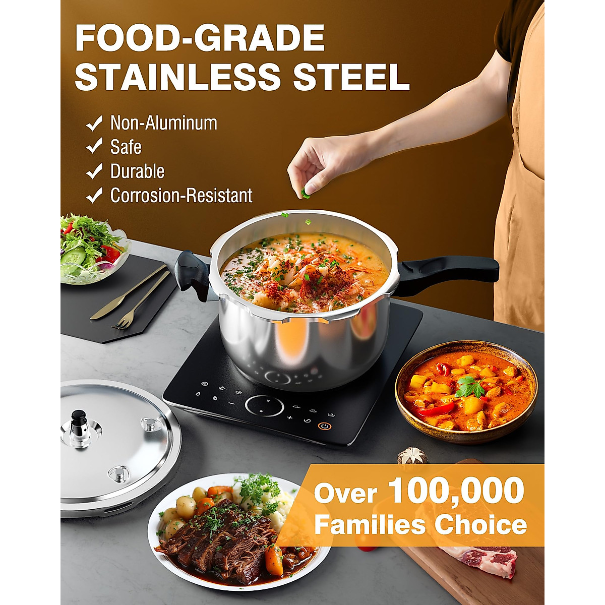 WantJoin Stainless Steel Pressure Cooker(Non-Aluminum),10 Quart Induction Compatible Pressure Cooker with Spring Valve Safeguard Devices,Compatible with Gas & Induction Cooker