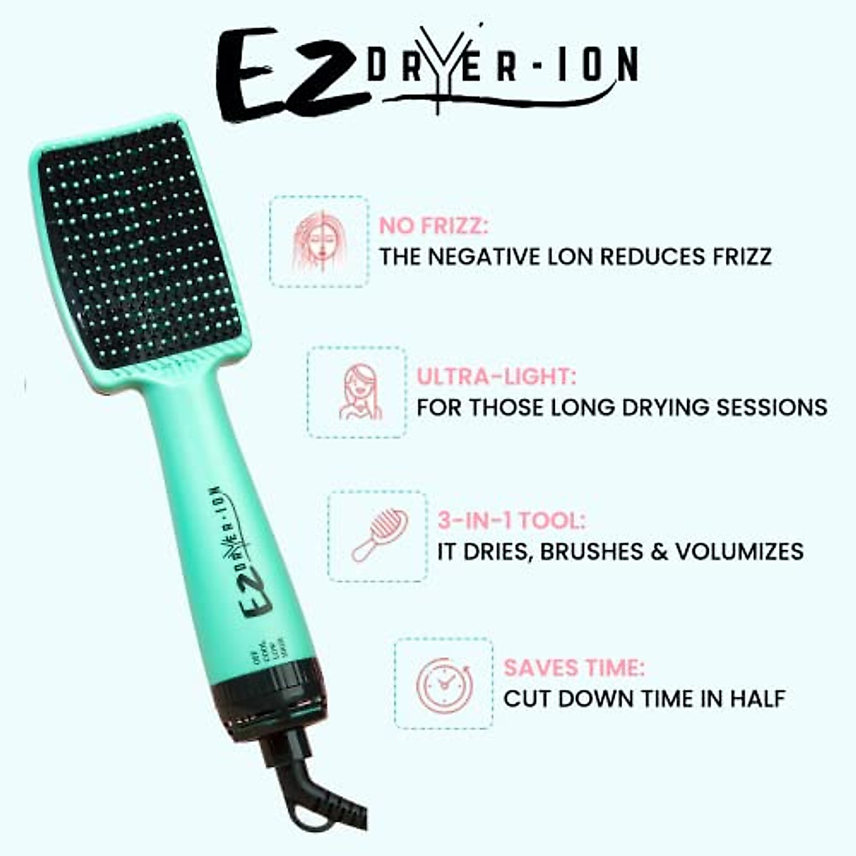 Ez Detangler Dryer- Ez Dryer ION. Professional Ionic Blowout Hair Dryer Brush. Portable Super Lightweight Blow Dryer to Detangle, Dry, Volumize and Style. (Aqua)