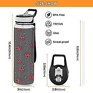 Fustylead Red Ladybugs 32 oz Tritan Water Bottle with Straw, Leakproof and BPA-Free Sport Water Bottle for Fitness, Gym & Outdoor
