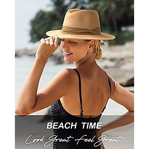 FURTALK Panama Hat Sun Hats for Women Men Wide Brim Fedora Straw Beach Hat UV UPF 50 Brown