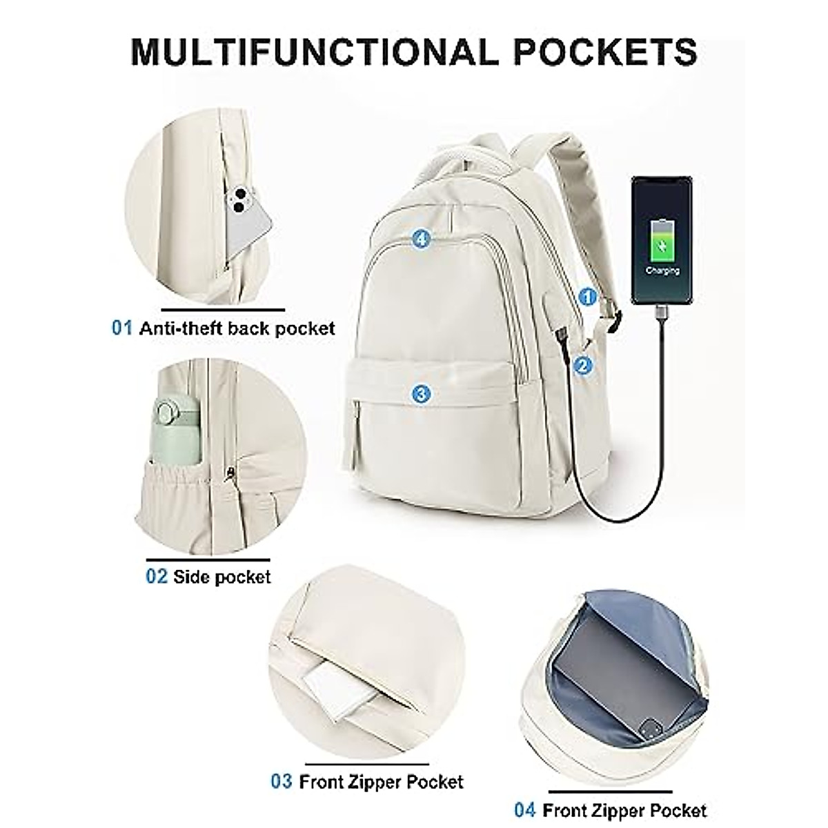 Small Backpack For School Girls Boys Aesthetic Lightweight Travel Daypack Simple Cute Backpack For Women Men Waterproof College High School Bookbag Fit 14 Inch Laptop With USB charging port,Beige