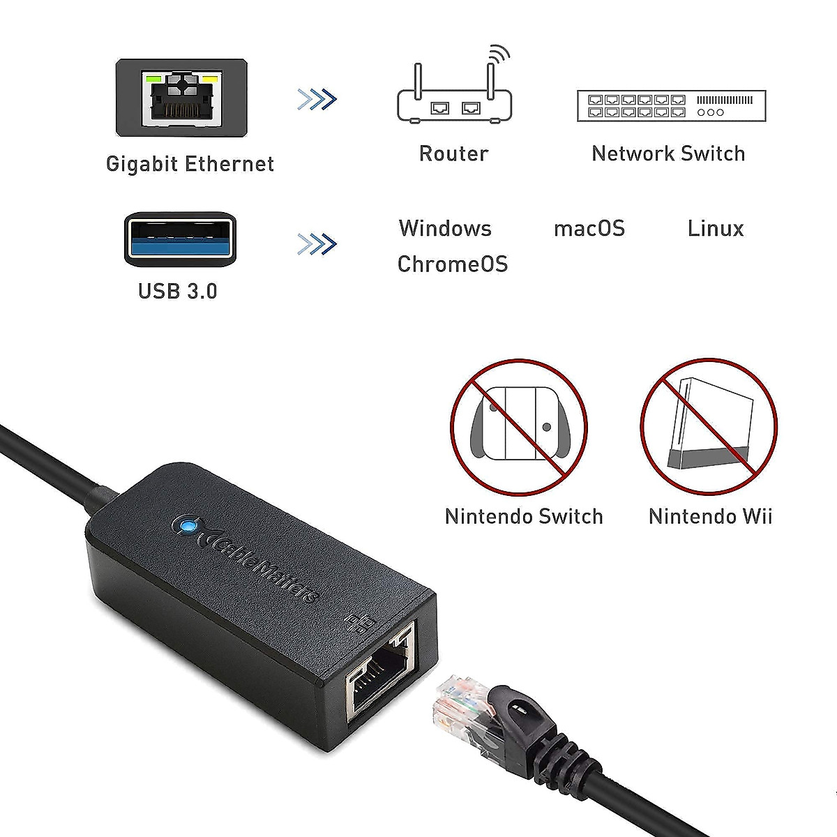 Cable Matters USB to Ethernet Adapter (USB 3.0 to Ethernet) Supporting 10/100/1000 Mbps Ethernet Network in Black & Snagless Cat6 Ethernet Cable