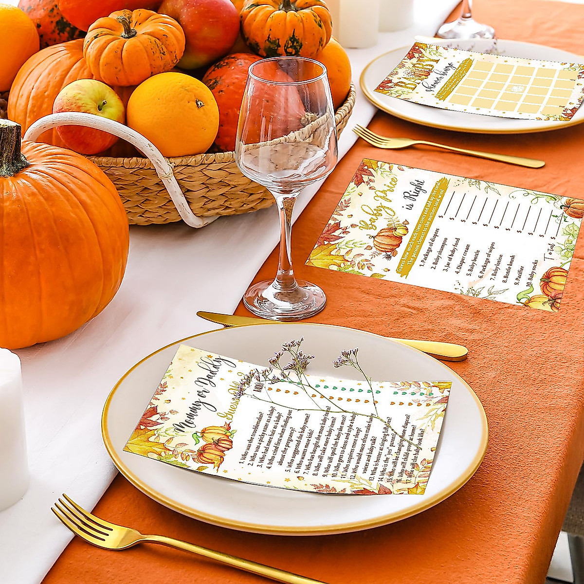 Fuutreo 145 Pieces Thanksgiving Baby Shower Party Games Sets, 125 Pumpkin Theme Baby Shower Games Paper Cards with 20 Editable Pencils Gifts for Fall Harvest Family Party Game Supplies