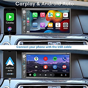 7" Double Din Car Stereo with Dash Cam, Supporting Carplay, Android Auto, Bluetooth, AHD Backup Camera, Full HD Touchscreen, Mirror Link, Subw, USB/TF/AUX, AM/FM Car Radio