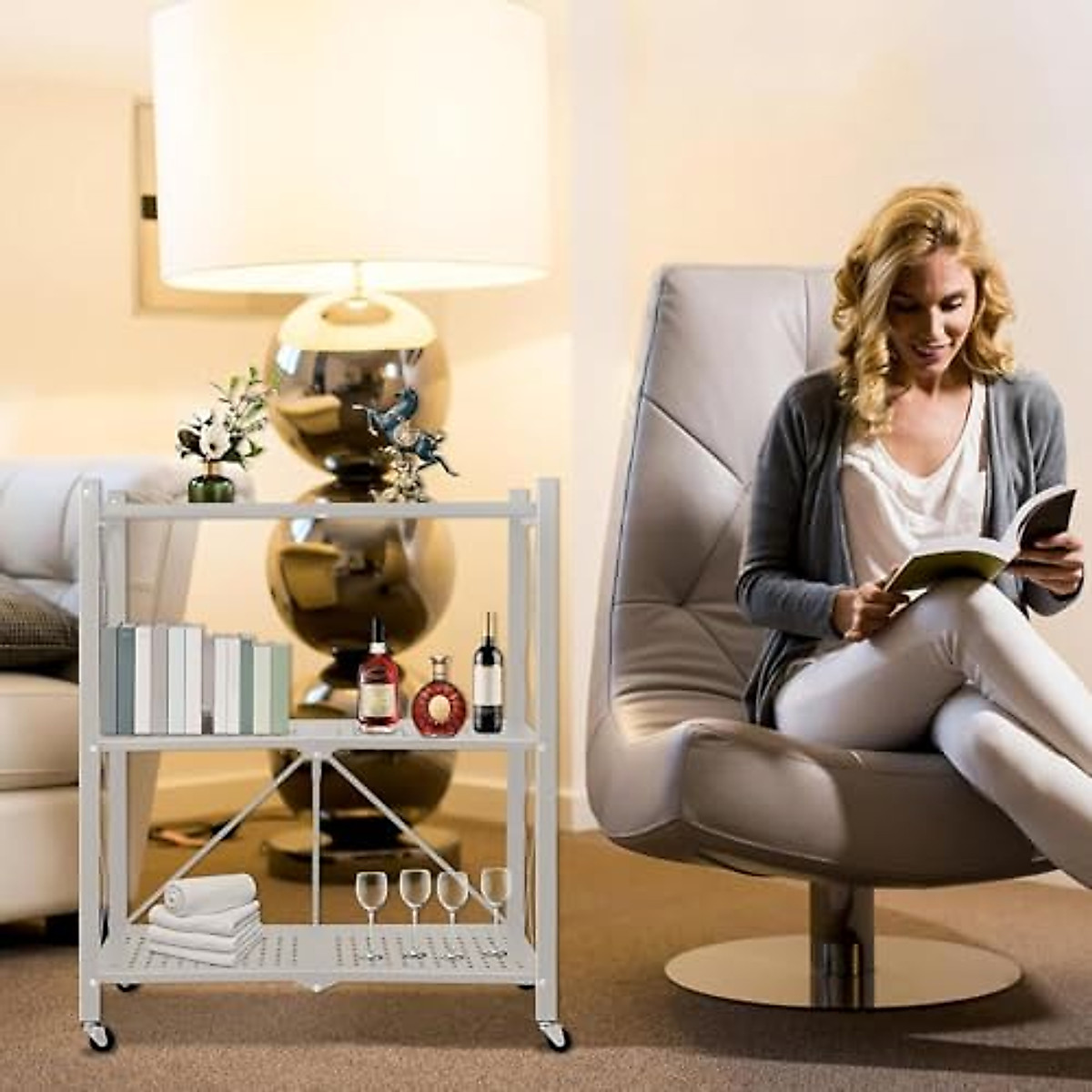 OIDSAX Folding Shelf with Wheels, 3 Shelf Metal Shelving Units, Heavy Duty No Assembly Organizer Shelf for Craft Show,Metal Shelving Unit for Kitchen Living Room