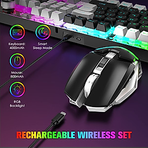 FELICON Rechargeable Wireless Gaming Keyboard and Mouse Combo & Lager Mouse Pad kit Ice Blue Backlit Mechanical Feel 104 Keys Full Keybaord, Queit, Waterproof for Computer PC Mac
