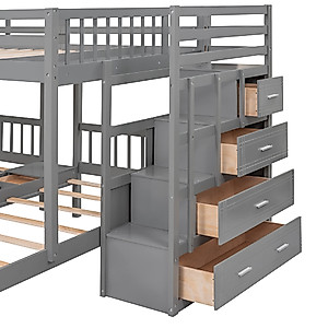 Full Over Twin & Twin Bunk Bed, Wood Triple Bunk Bed Frame with with Staircase, Drawers and Guardrails, Multi-Functional Bunk Bed for Kids, Teens, Adults (Gray*Staircase)