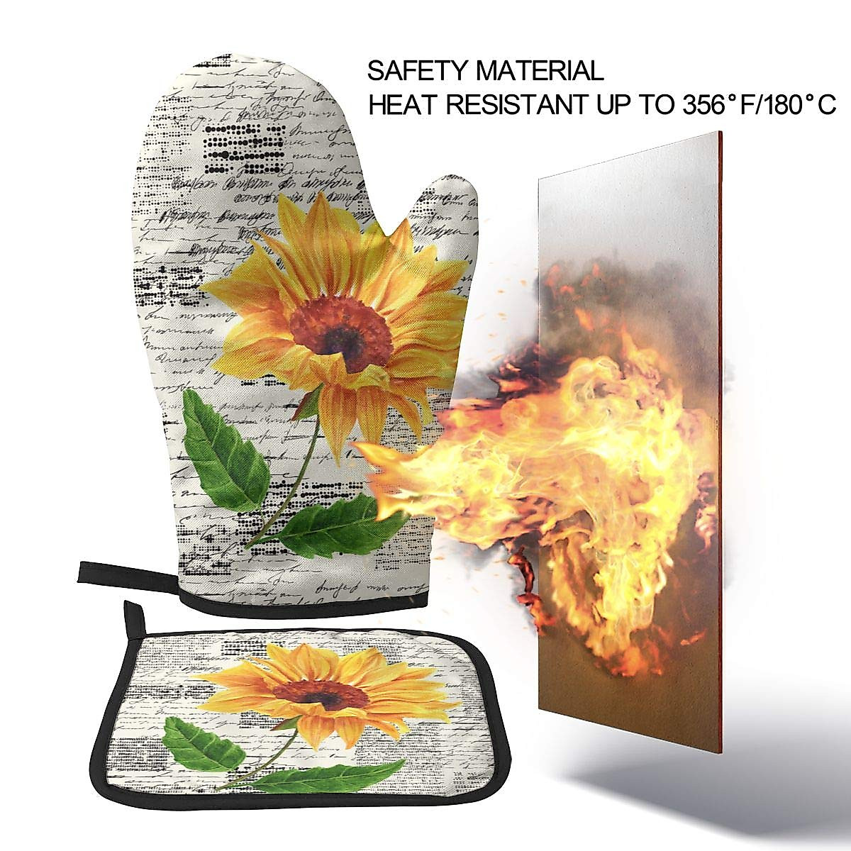 VunKo Watercolor Sunflowers Oven Mitts and Pot Holders Sets Heat Resistant Oven Gloves with Non-Slip Surface for Safe BBQ Cooking Baking Grilling Set of 2