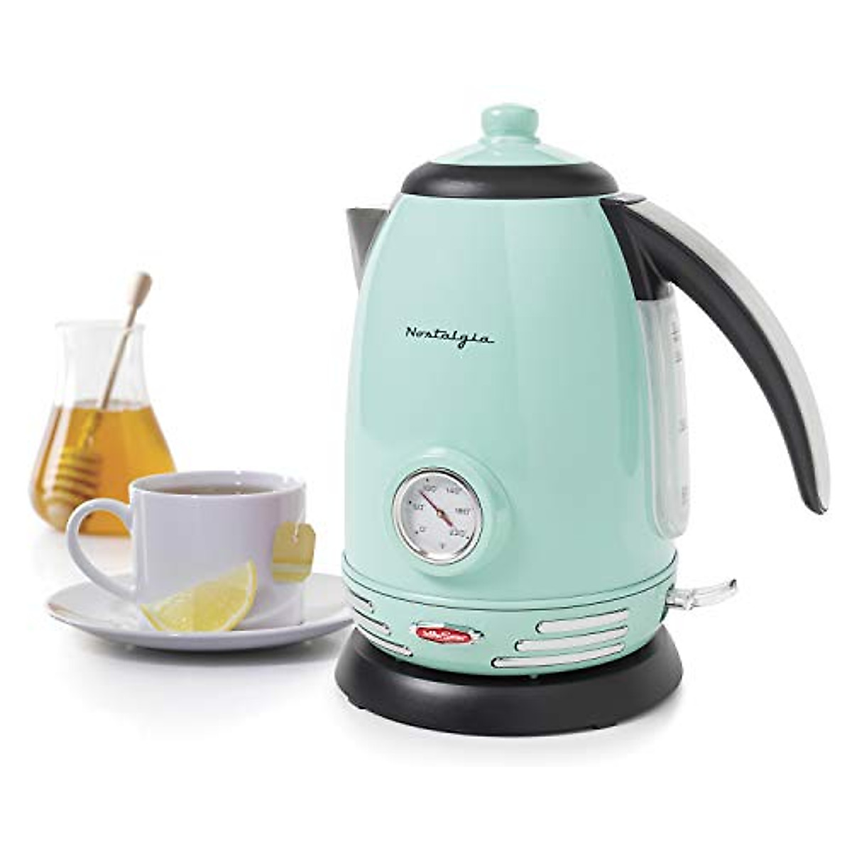Nostalgia Retro Stainless Steel Electric Tea And Water Kettle, 1.7 Liters, Auto-Shut Off & Boil-Dry Protection, Water Level Indicator Window, Aqua