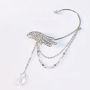 Face Shape Evil Eyes Ear Cuff Earring for Women Non-piercing Silver Abstract Simple Fashion Aesthetic Dainty Kpop Rhinestone Angel Wings Ear Wrap Crawler Hook Earring with Chain Charms (Silver 2)
