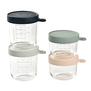 BEABA Glass Baby Food Container with Lid Set of 4, Glass Food Storage Containers with Airtight Lid, Baby Food Glass Jars, Baby Essentials, Freezer Microwave Safe, 5 and 8 oz Jars, (Eucalyptus)