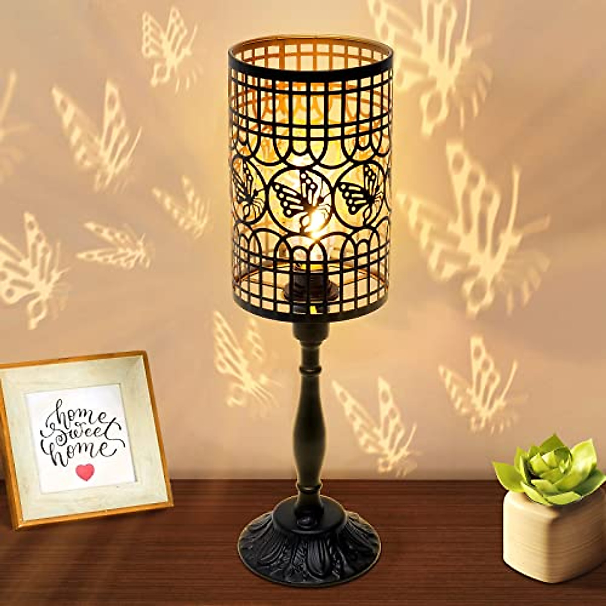 PHYLEKO Table Lamp, Bedside Lamps Battery Operated Lamp with LED Bulb for Home Decor, Small Table Lamp Cordless Lamp with Butterfly Pattern Night Light for Bathroom,Livingroom,Windowsill,Shelf