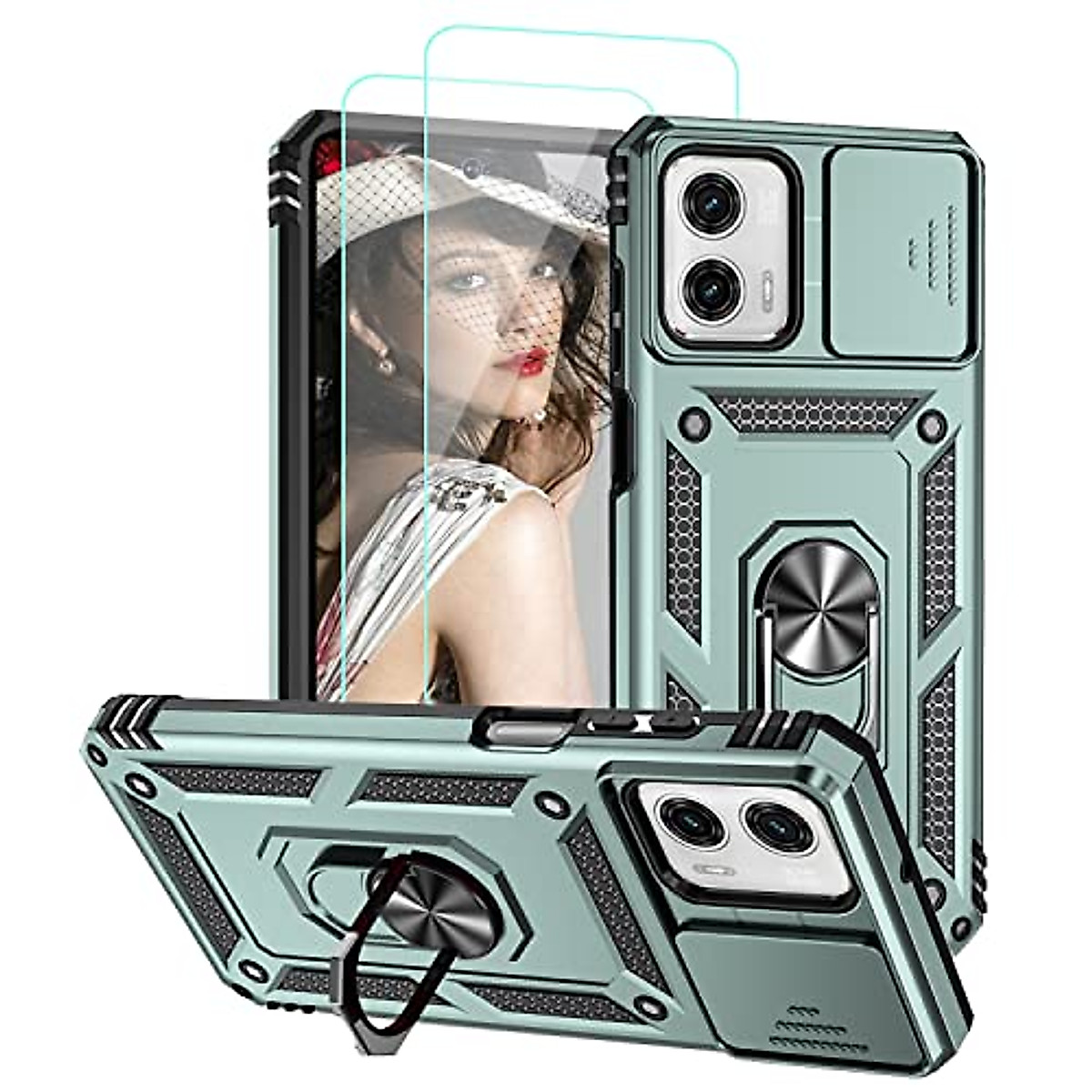 Compatible with Motorola Moto G Power 5G 2023 Case,[2 Pack] Screen Protector,Heavy Duty Phone Cover with Magnetic Kickstand,Slide Camera Cover Protection,for Moto G Power 2023 Phone Case Green