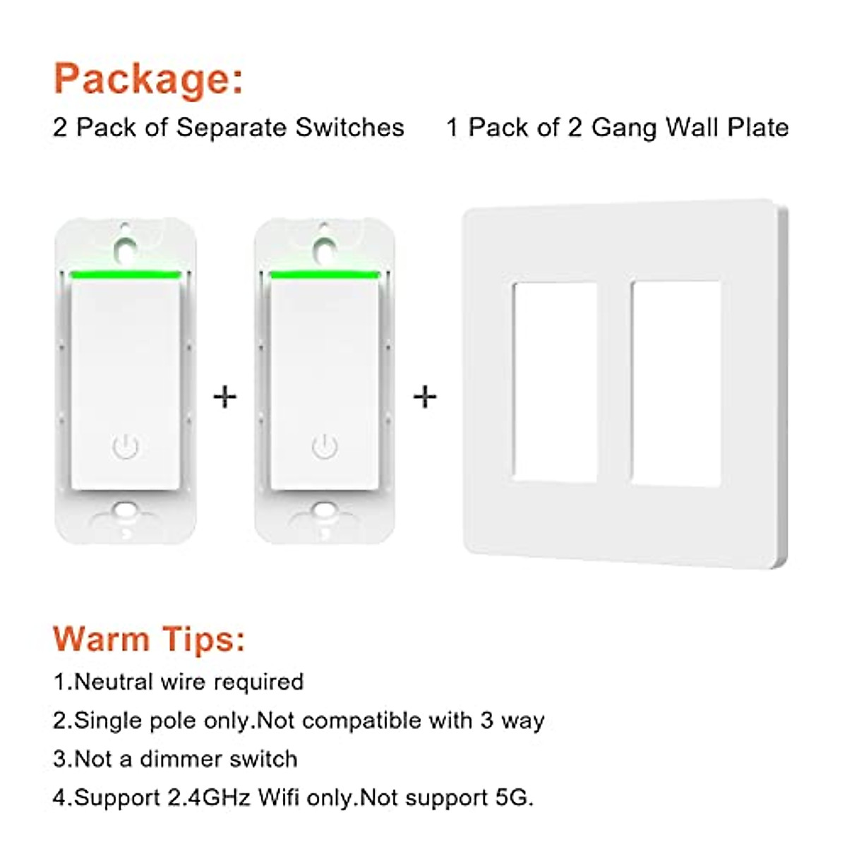 Smart Light Switch 2 Gang WiFi Smart Light Double Switch Work with Alexa, Google Assistant,Wireless Control, 2.4G WiFi Smart Light Switch, Single-Pole, Neutral Wire Required