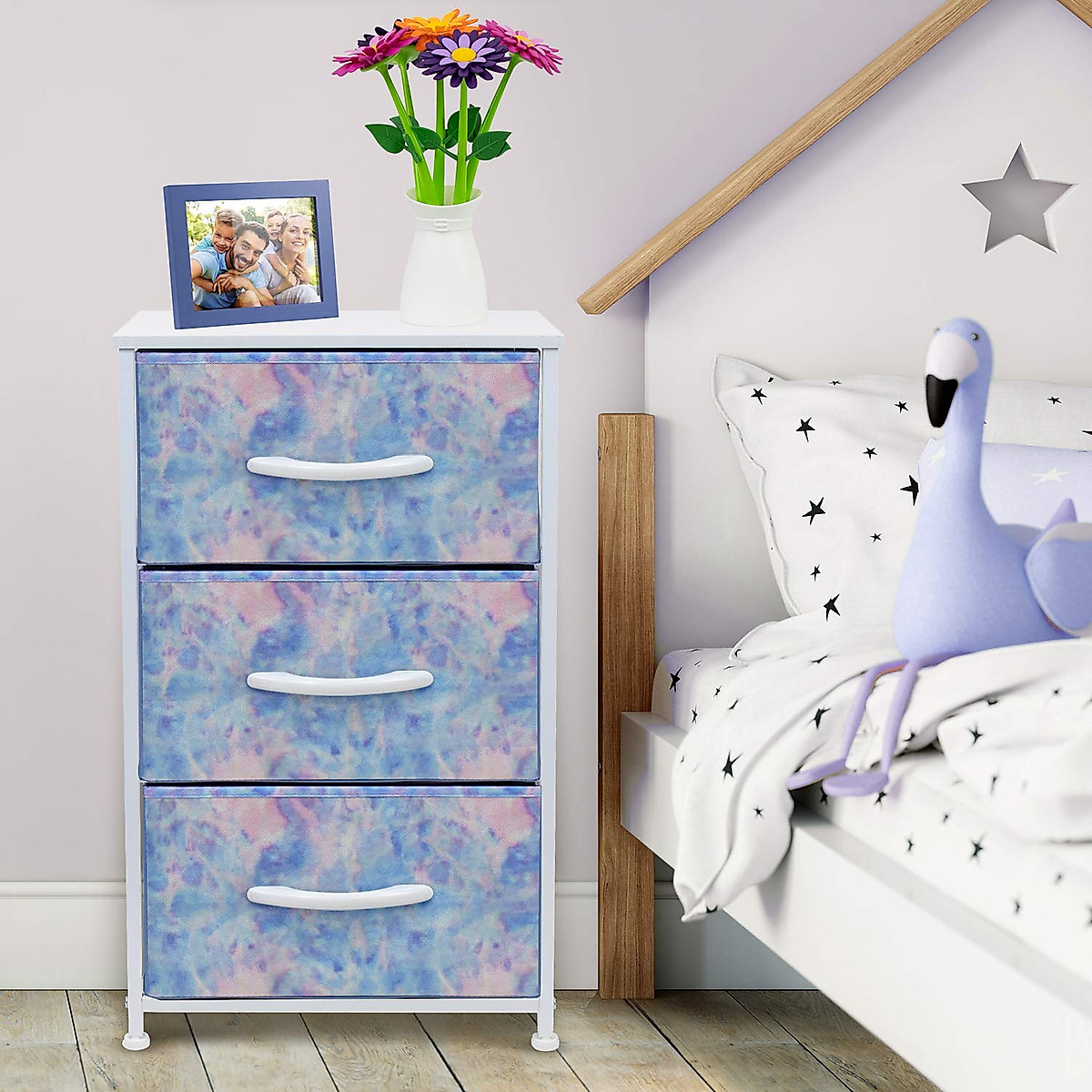Sorbus Kids Dresser with 12 Drawers and 3 Drawer Nightstand Bundle - Matching Furniture Set - Storage Unit Organizer Chests for Clothing - Bedroom, Kids Rooms, Nursery, & Closet (Tie Dye)