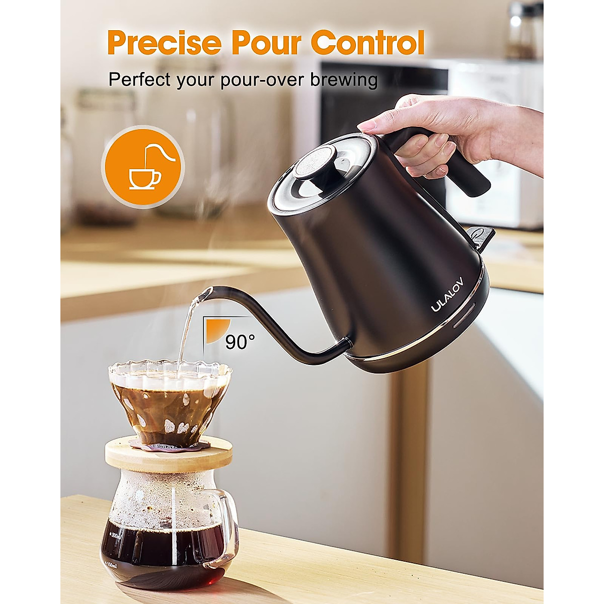 Ulalov Electric Gooseneck Kettle Ultra Fast Boiling Hot Water Kettle 100% Stainless Steel for Pour-over Coffee & Tea, Leak-Proof Design, Auto Shutoff Anti-dry Protection, 1200W-0.8L, Matte Black