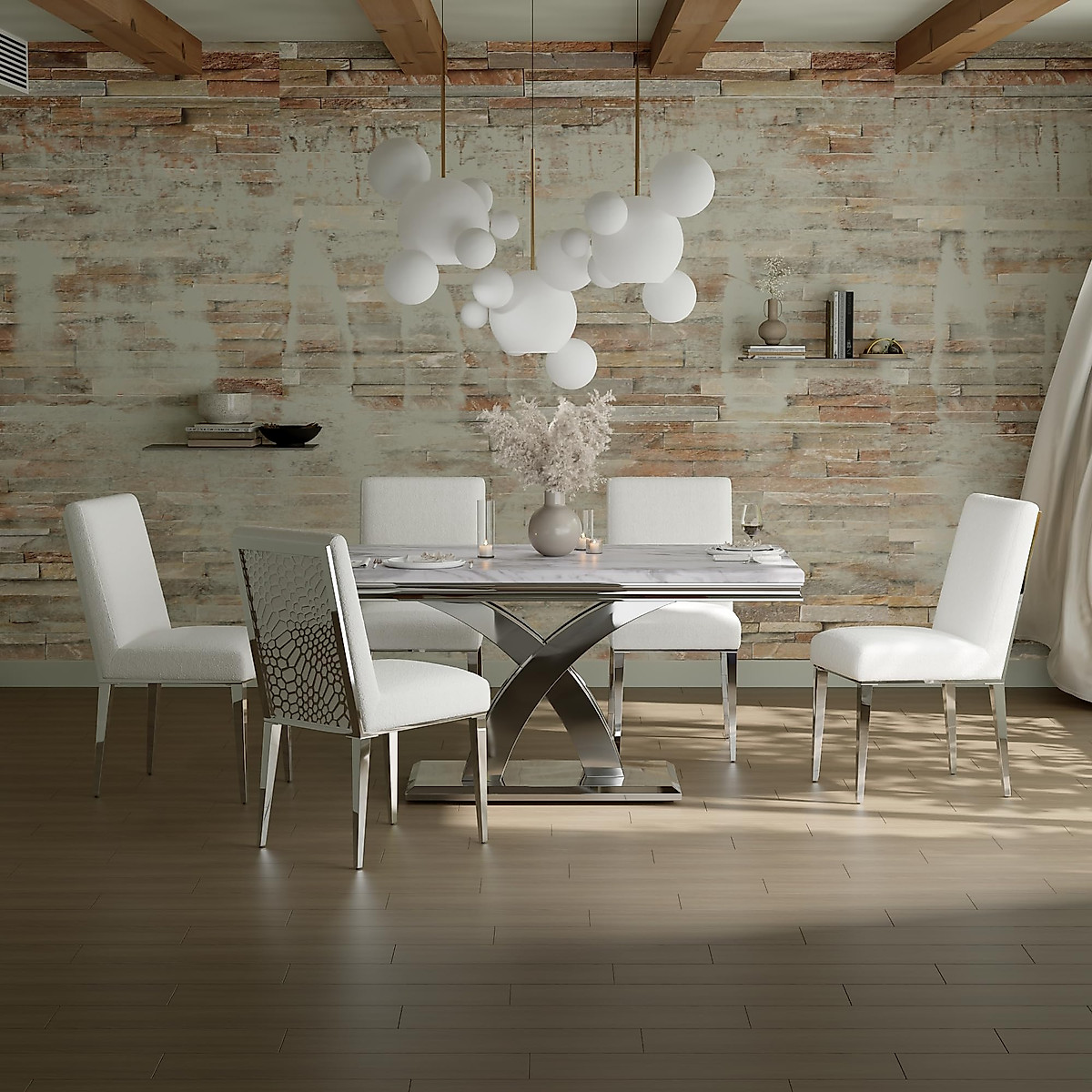 AUZ Dining Table, 65" Rectangular Modern Kitchen and Dining Room Table with Silver Double X Base in White Silver