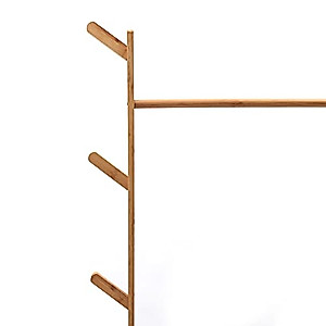43.3" Bamboo Clothing Garment Rack, Clothes Coat Hanger w/6 Side Hooks Combo, Free Standing Closet Organizer Rack Entryway Bedroom Storage Shelves Clothes Hanging Rack With 360°Rotation Roller Wheels