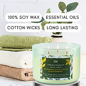 Rosemary Eucalyptus & Peppermint Scented Candle with Lavender & Thyme, Refreshing Stress Relief Aromatherapy Candle 3-Wick 15.8 oz, Strong Eucalyptus Mint Candles for Home Scented, Natural Soy Candles