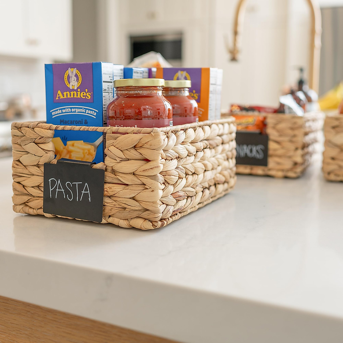 Set of 4 Handwoven Water Hyacinth Storage Baskets - Organizer Wicker Baskets for Shelves with Clip on Chalkboard Labels and Chalk Markers