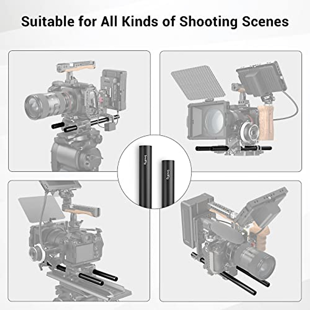 SmallRig 16 Inches (40 cm) Black Aluminum Alloy 15mm Rod with M12 Female Thread, Pack of 2 - 1054