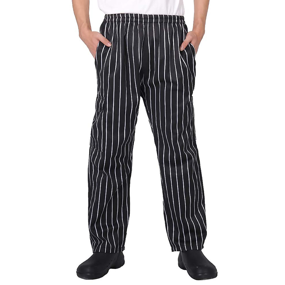 Men's and Women's Baggy Chef Pants Black and White Stripes Cargo Style Cook Pant Black S
