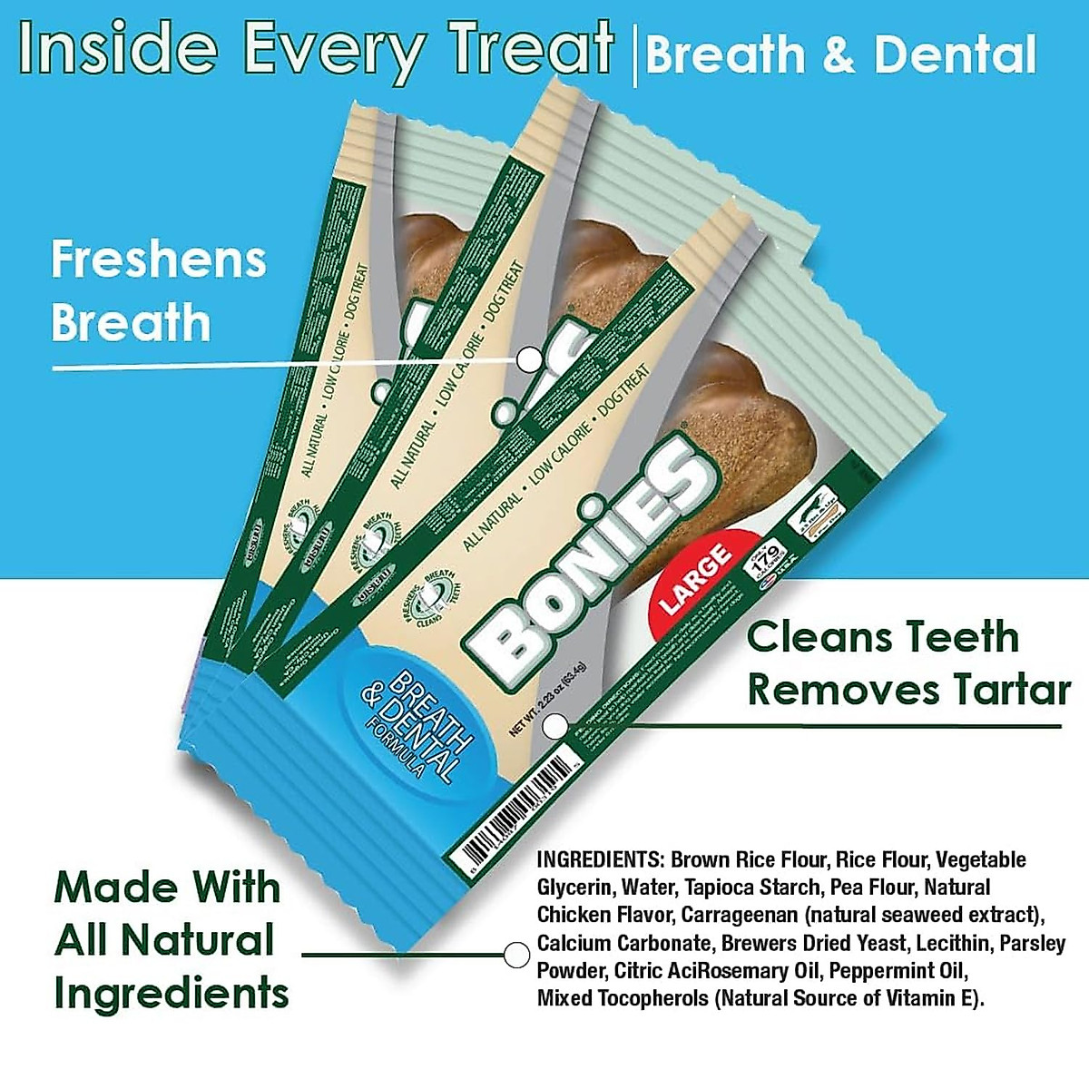 Bonies Natural Breath and Dental Formula Large-Sized Single Bone - All-Natural Ingredients, Fresh Breath, Cleans Teeth, Low Calories, Chicken Flavor, 1 Bone