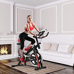 GYMAX Stationary Bike, Indoor Cycling Bike with LCD Monitor & Heart Sensor, Adjustable Resistance, Cardio Exercise Fitness Bike for Home/Office
