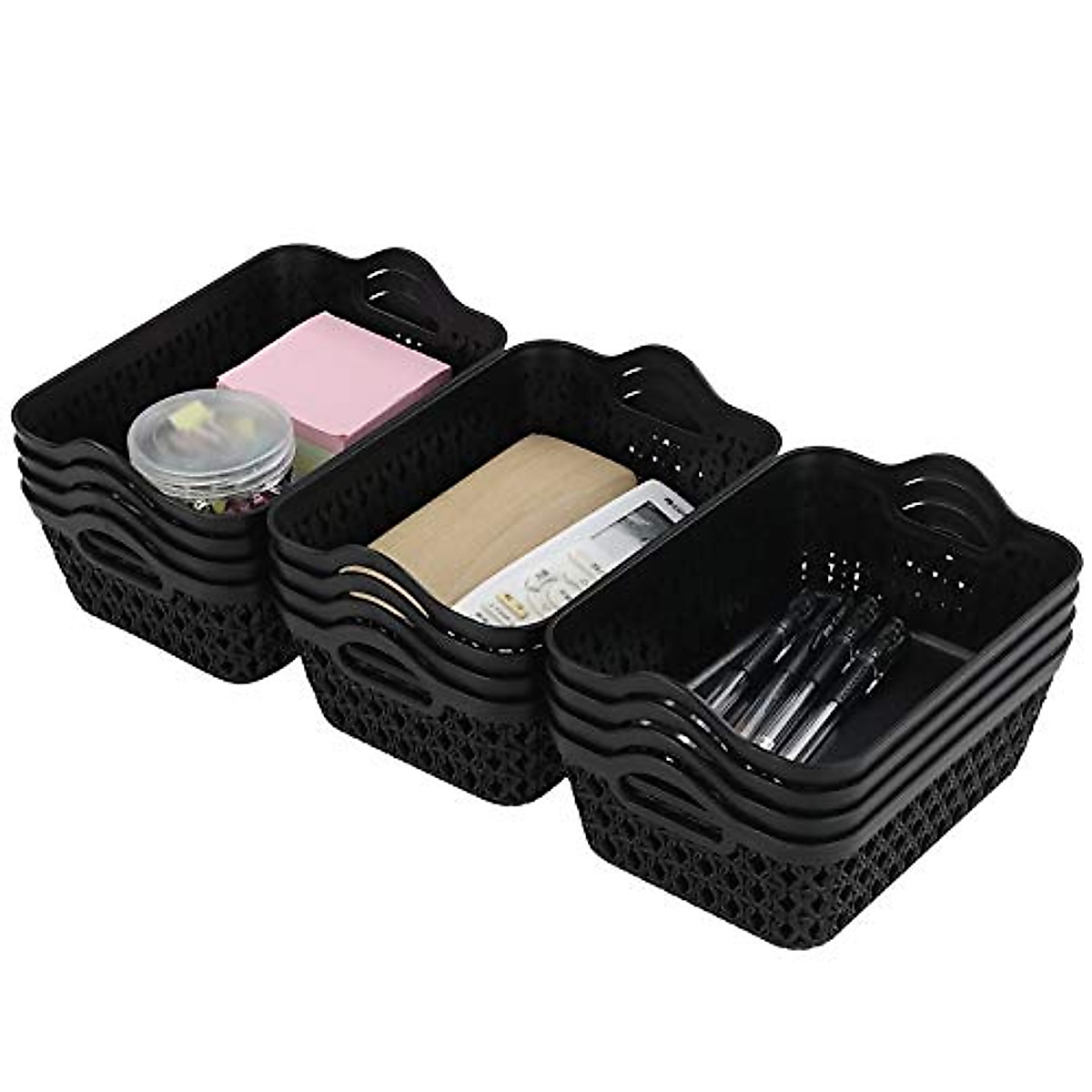 Rinboat Small Plastic Desktop Storage Basket Tray, Black, 12 Packs