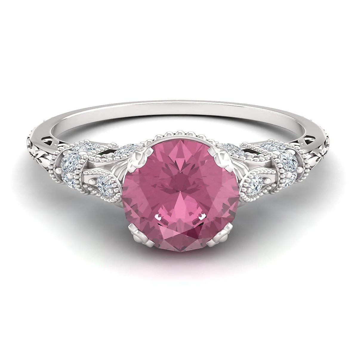 Diamondere Natural and Certified Pink Tourmaline and Diamond Engagement Ring in 14K White Gold, 1.11 Carat Art Deco Engagement Ring for Women, US Size 6.5