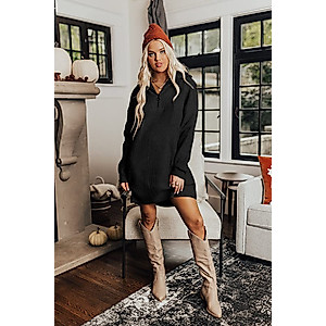 HOTOUCH Women Causal Long Sleeve V Neck Knit Sweater Dresses 1/4 Zip Pullover Sweater Dress Loose Jumper Sweaters (Black S)