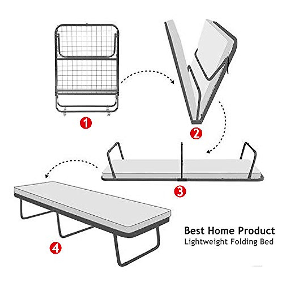 Folding Bed Frame with Wheel, Rollaway Bed with Mattress for Adults, Foldable Twin Bed with Thick Memory Foam Mattress for Spare Bedroom&Office, Camping Cot Portable Folding Bed for Adults&Kids 350LBS