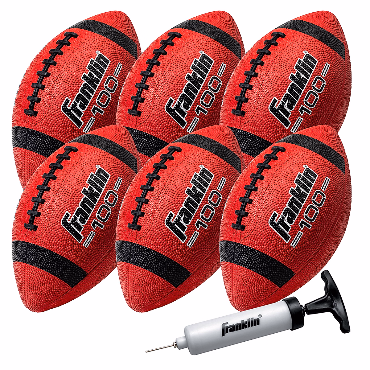 Franklin Sports Junior Footballs - Grip-Rite 100 - Kids Junior Size Rubber Footballs - Youth Footballs - 6 Pack of Footballs with Pump - Red/Black, Junior Size Football