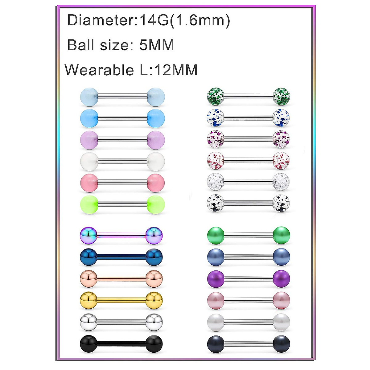 Prjndjw 24Pcs 14G Nipple Piercing Jewelry Tongue Rings Surgical Steel Straight Barbells Piercing Jewelry 12MM for Women Men Glow in The Dark