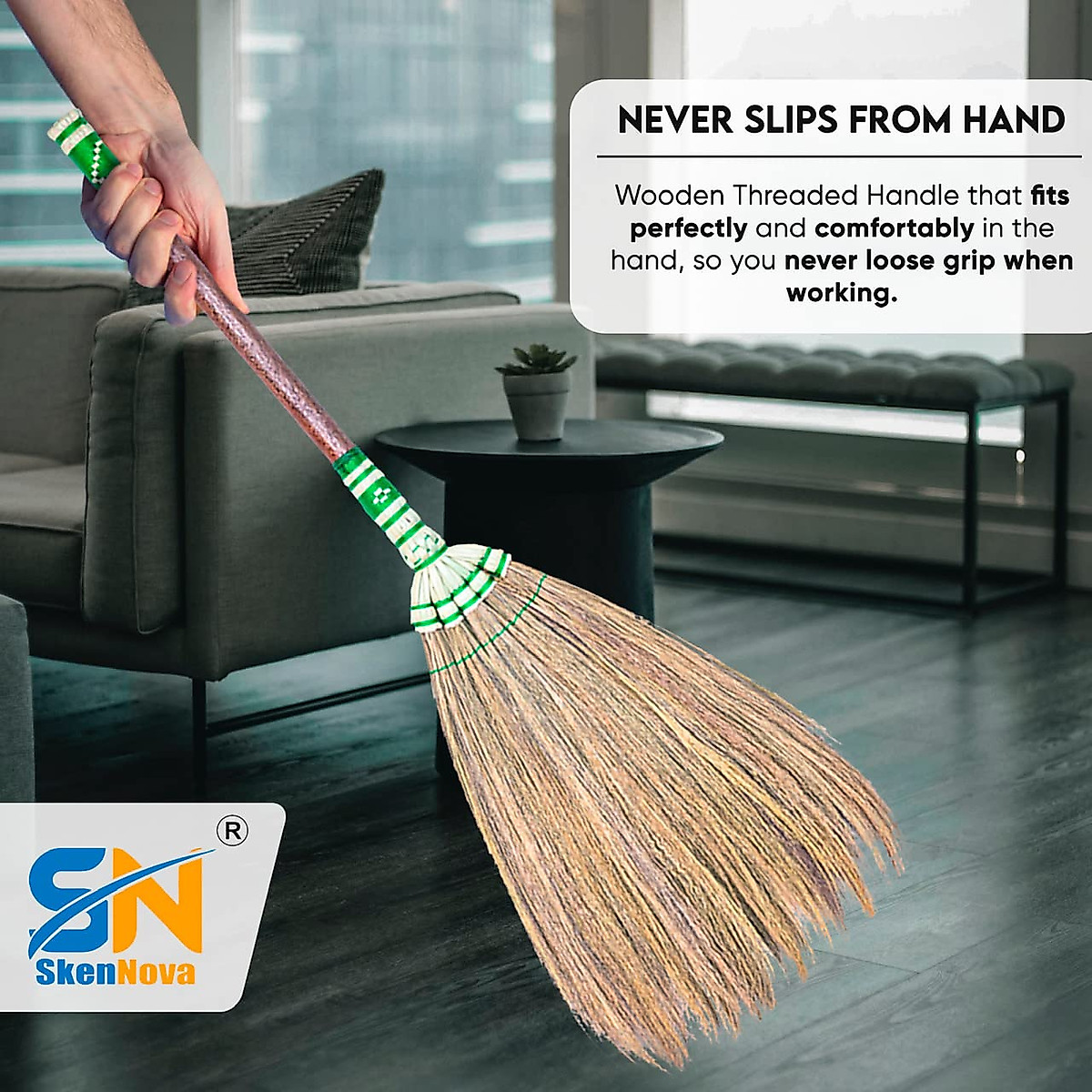 SN SKENNOVA - 28-29 inch Tall of Asian Straw Broom Thai Natural Grass Broom Whisk Broom Solid Wood Handle