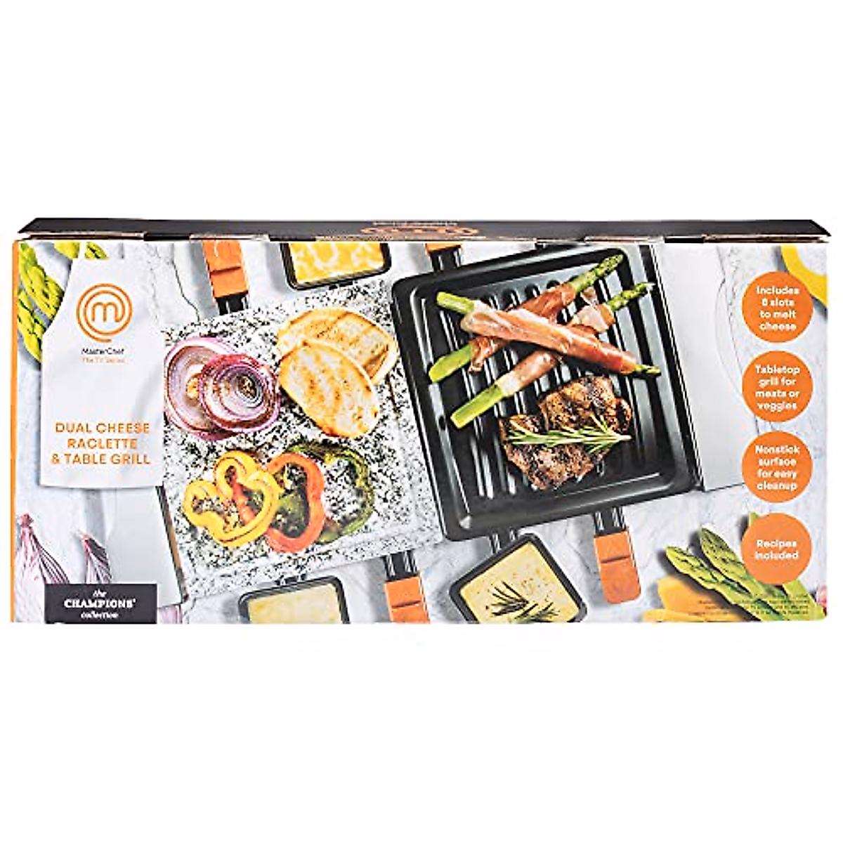 MasterChef Dual Raclette Table Grill w Non-Stick Grilling Plate & Cooking Stone- 8 Person Electric Tabletop Cooker for Korean BBQ- Melt Cheese, Cook Meat & Veggies at Once-(19" x 8") Gift, Summer Pary