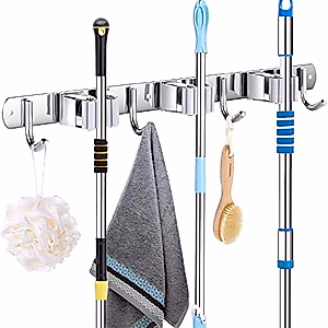YouOKLight mop broom holder,broom hanger wall mount, 304 Non-Slip Stainless Steel Rack for Tools Hanger,Metal Broom Closet Organizer for Home,Garage, even Outdoor (3 Racks with 4 Hooks)