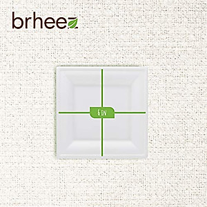 brheez 6-in Disposable Plates (60 Pack) - Eco-Friendly, Compostable Heavy Duty Square Paper Plates - 100% Natural Sugarcane Bagasse Fibre
