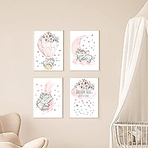 Canssape Pink Elephant Nursery Wall Decor Set of 4 Baby Girl Room Decor Elephant Wall Art Goodnight On A Hot Air Balloon |Dream big little one|(8x10in)(Unframed)
