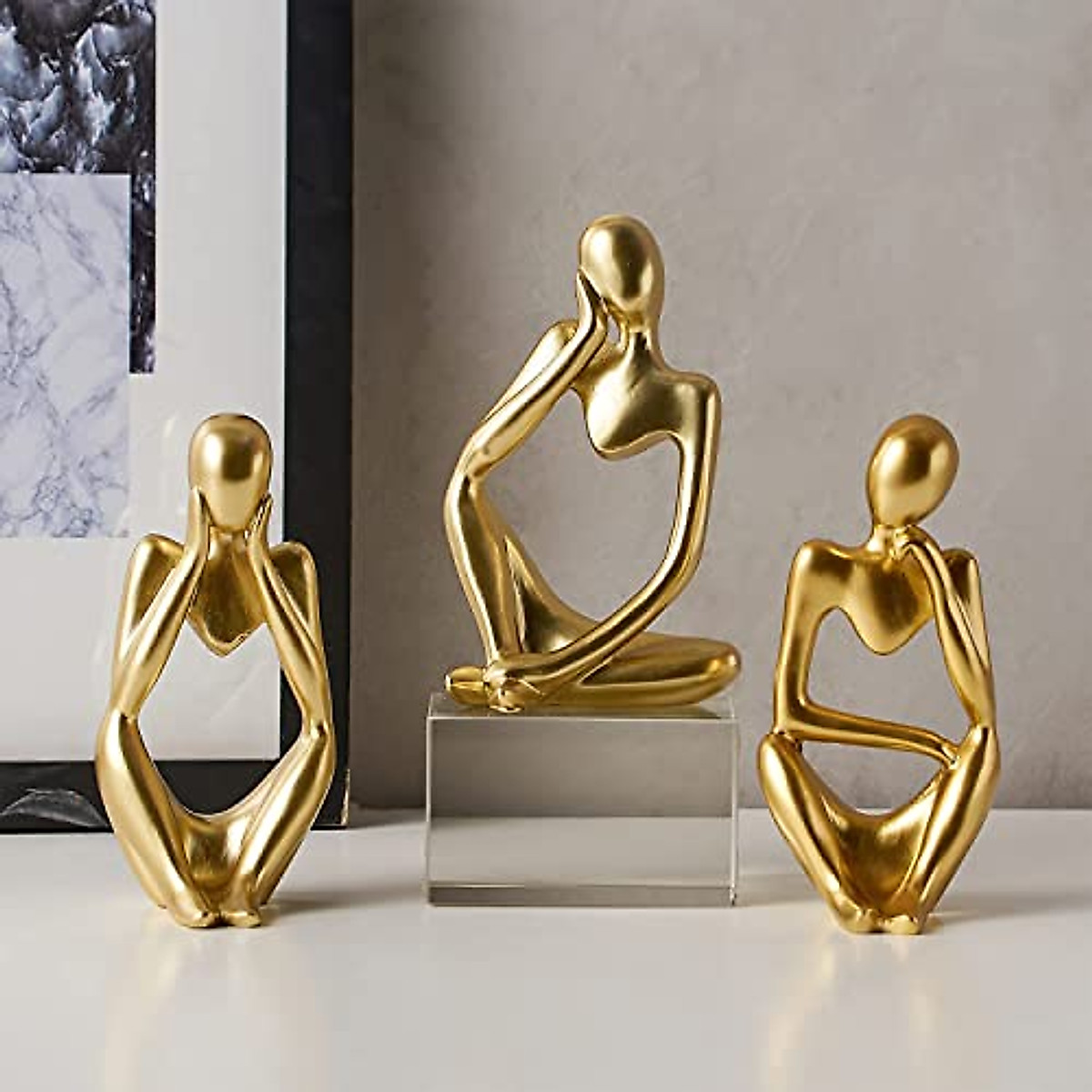 FJS Gold Decor Thinker Statue Abstract Art Sculpture, Set of 3 Golden Resin Collectible Figurines for Home Living Room Office Shelf Decoration