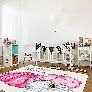 Pink White Pumpkin Area Runner Rug Carpet 3'x5',Outdoor Indoor Kitchen Living Room Bathroom Bedroom Classroom Washable Bath Rug,Doormat Desk Welcome Floor Door Mat,Thanksgiving Harvest Festival Fall