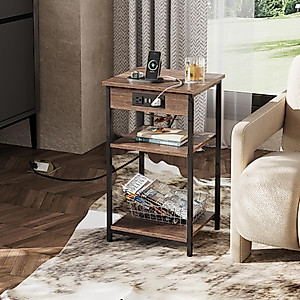 WLIVE Side Table with Charging Station and USB Ports, Small End Tables for Small Spaces, 3-Tier Nightstand with Adjustable Shelf, Bedside Tables, Living Room, Bedroom, Brown