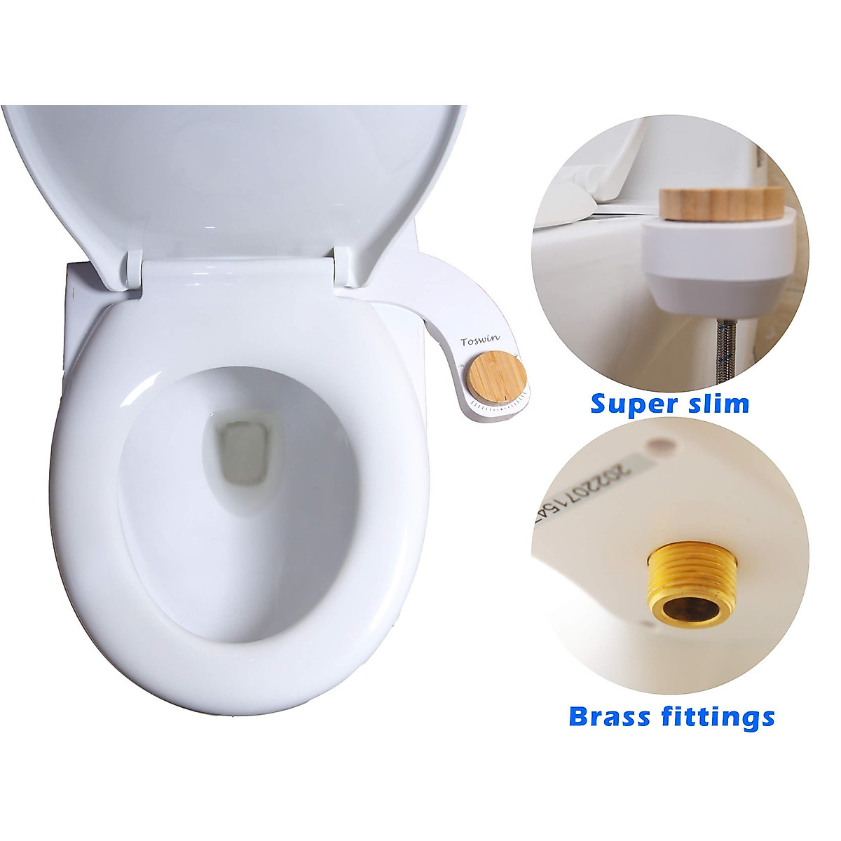 Toswin Left Hand Bidet Left Handed Bidet Ultra Slim Bidet Left Side Control Clear Rear Bidet Attachment for Toilet with Dual Front & Rear Nozzles and Adjustable Water Pressure -Bamboo Knob