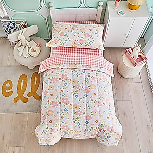 Joyreap 4 Piece Cotton Toddler Bedding Set for Girls, Pink Flowers Design, Soft n Breathable Cotton Toddler Comforter Set, Includes Quilted Comforter, Fitted Sheet, Top Sheet, and Pillow Case