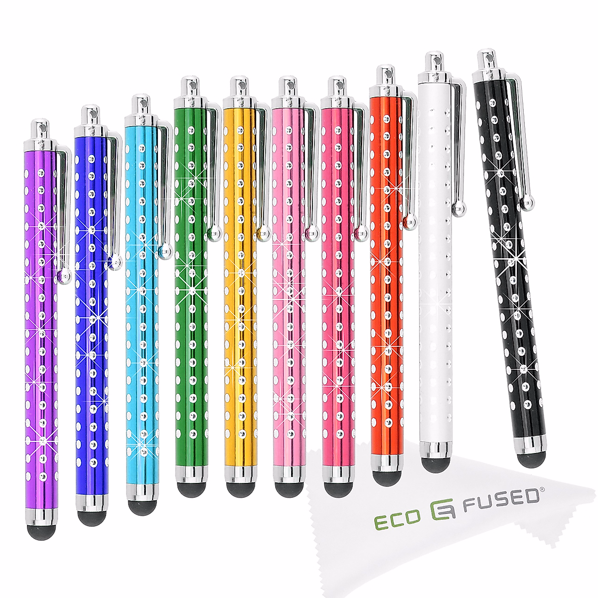 Eco-Fused 10 Pack Bling Metal Stylus Pens - Universal - Compatible with All Capacitive Touchscreen Devices - for iPad, iPhone, Samsung Phones and Tablets, All Android Phones and Tablets and More