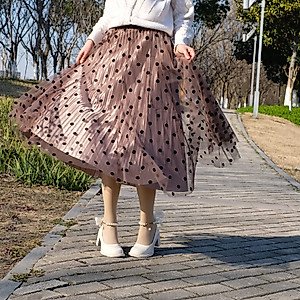 Qoinied Women's Polka Dot Mesh Half-Body Skirt High-Waisted Draped Pleated Skirt Large Hem Tulle A-line Midi Skirts Khaki