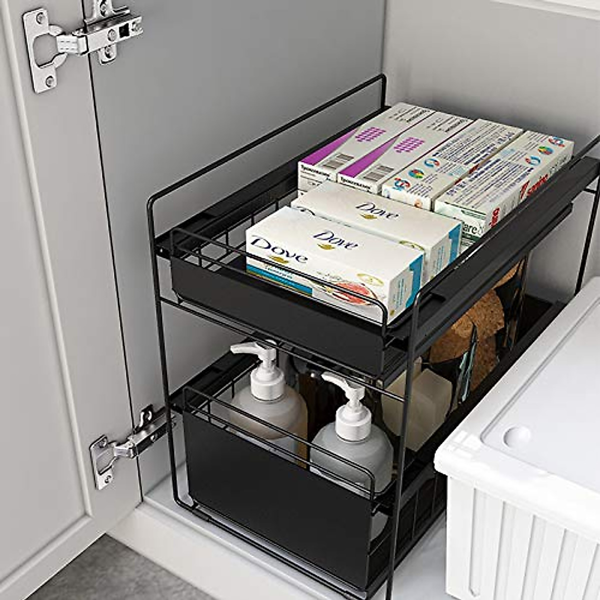 KAKIBLIN Sliding Storage Basket, 2-Tier Under Sink Cabinet Organizer with Sliding Basket Organizer Pull Out Sliding Basket Organizer Drawer for Bathroom, Kitchen, Office, Black