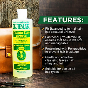 Clubman Country Club Shampoo, Enriched with Panthenol, The Natural Hair Thickener, pH Balanced, Proteinized with Polypeptides, 16 fl. oz.